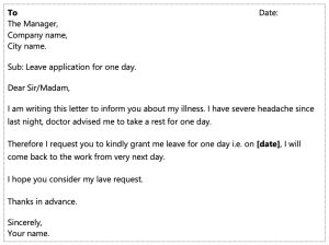 One Day Leave Letter Format, One Day Leave Application Format