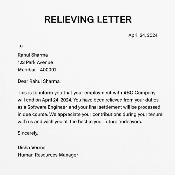 Relieving Letter Format in MS Word, Format of Relieving Letter doc